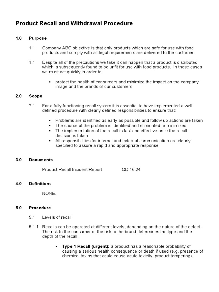 Product Recall and Withdrawal Procedure | Risk | Brand