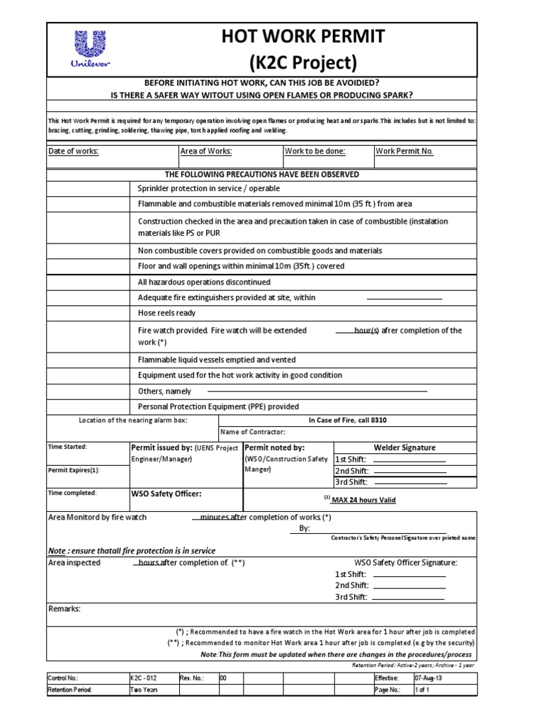 Hot Work Permit Daily K2C 012 PDF Technology Engineering