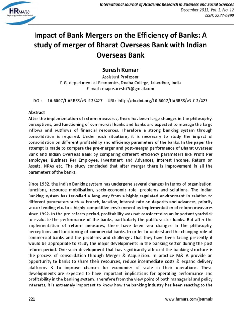 Impact of Bank Mergers On The Efficiency of Banks A Study of Merger of ...
