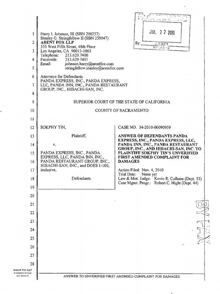 Answer Filed In California Affirmative Defense Cause Of Action