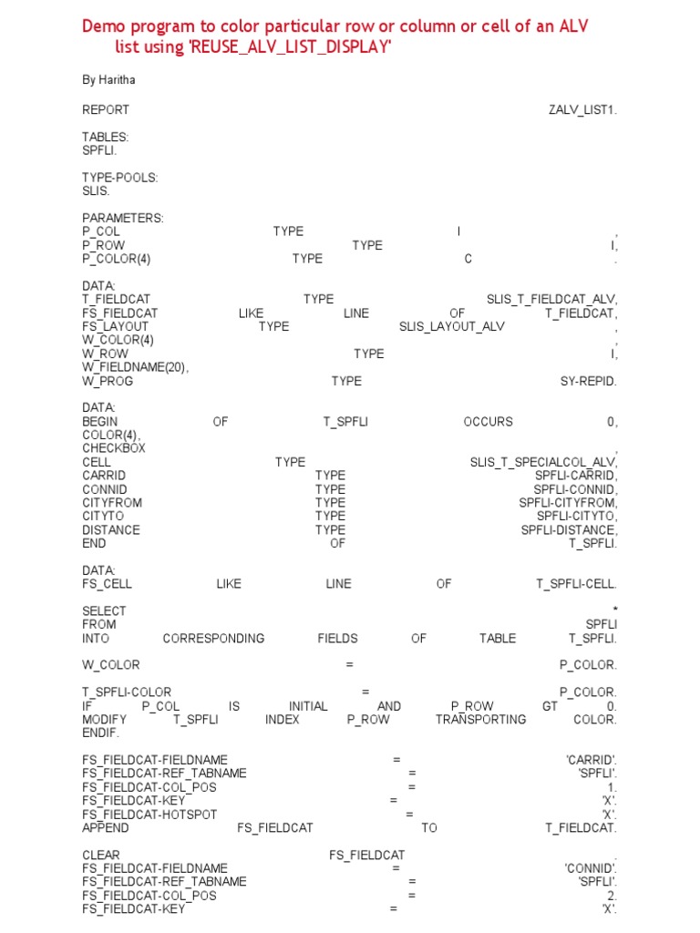 Demo Program To Color Particular Row or Column or Cell of An ALV List Using REUSE - ALV - LIST ...
