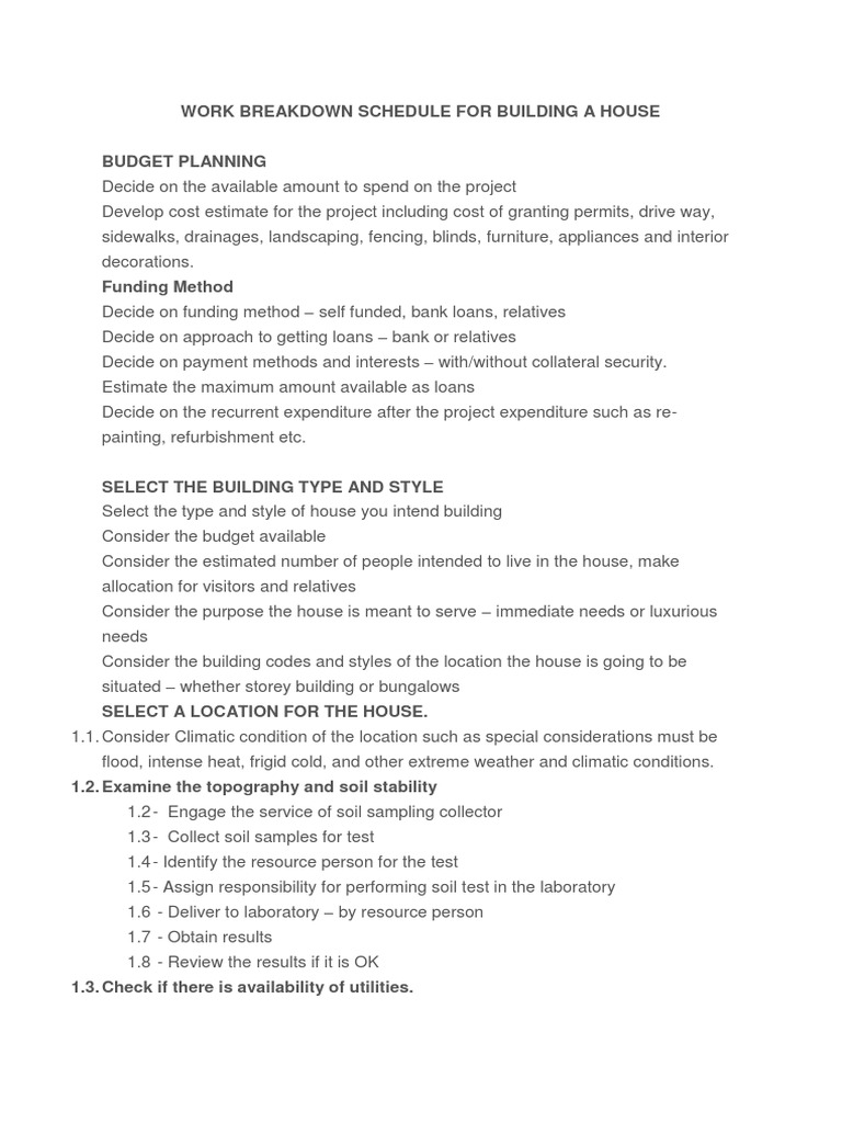 Work Breakdown Schedule For Building A House | PDF