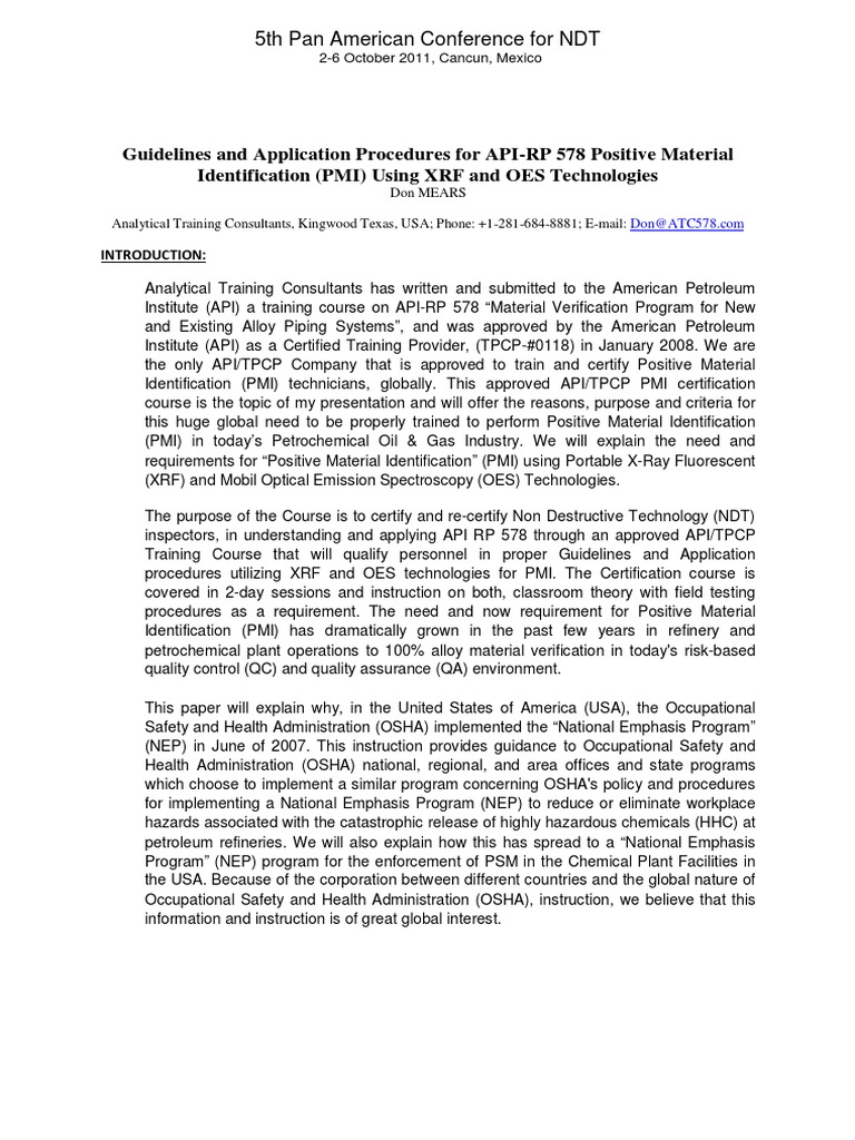 Guidelines For API RP578 | PDF | Occupational Safety And Health ...