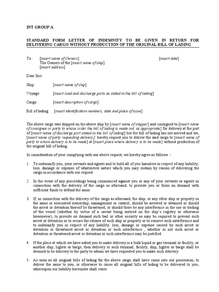 Standard Forms of Letters of Indemnity | PDF | Bill Of Lading | Consignee