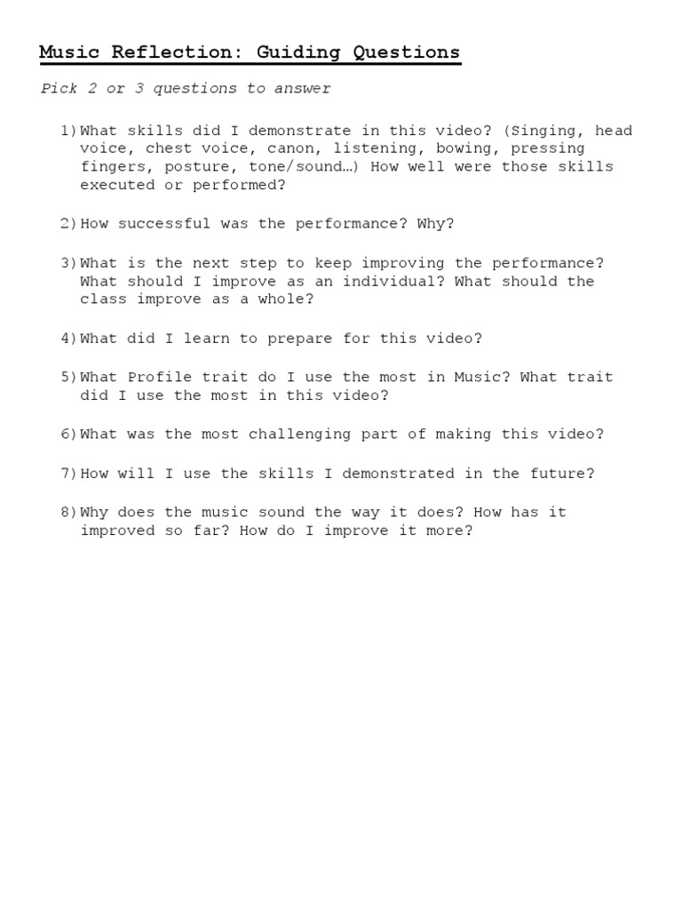 Music Class Reflection Guiding Questions | PDF