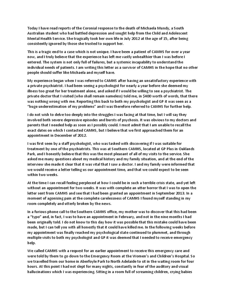 CAMHS: A Patient's Perspective | PDF | Major Depressive Disorder ...