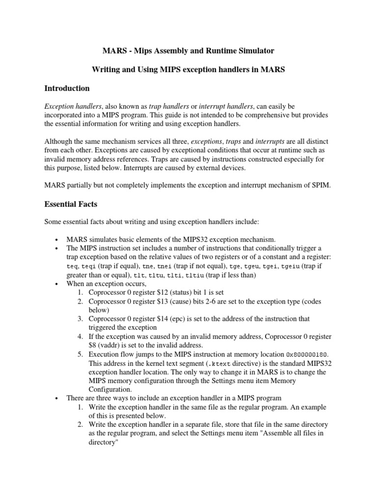 Writing and Using MIPS Exception Handlers in MARS | PDF | Synthesizer | String (Computer Science)