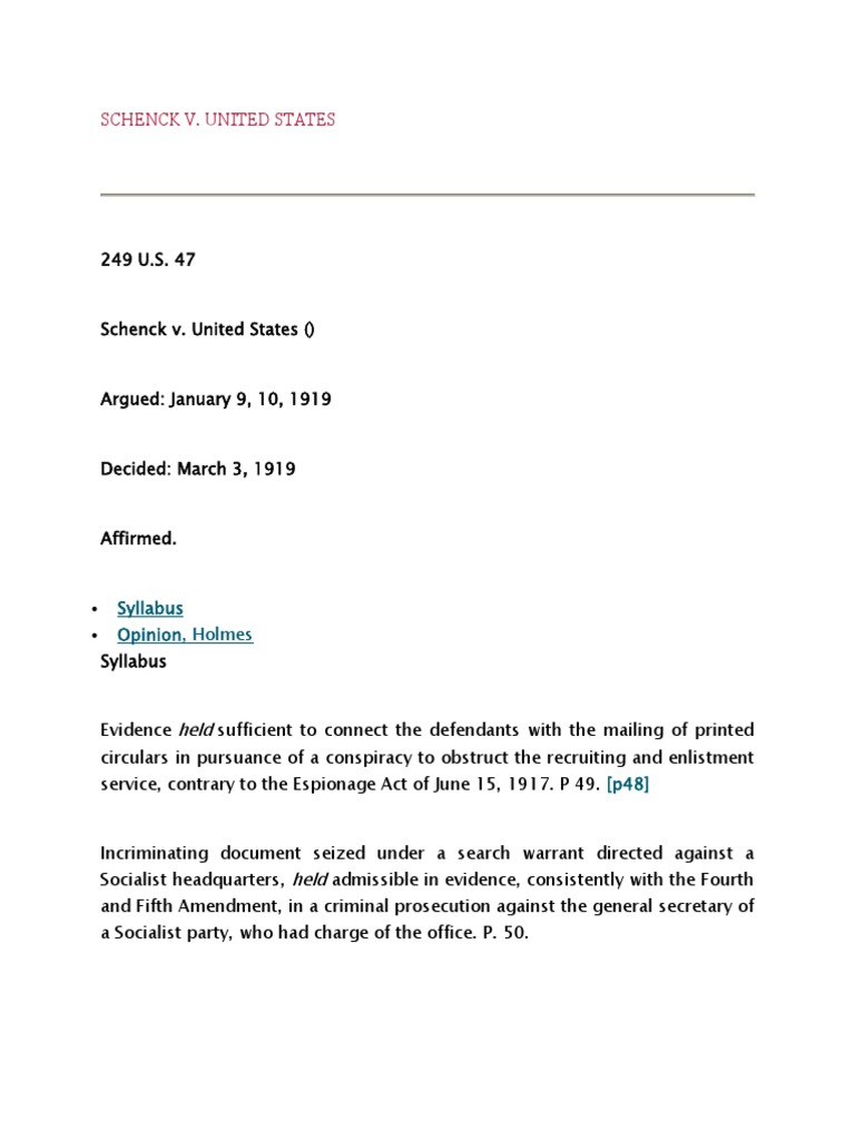 Schenck v. United States | PDF | Espionage Act Of 1917 | First ...
