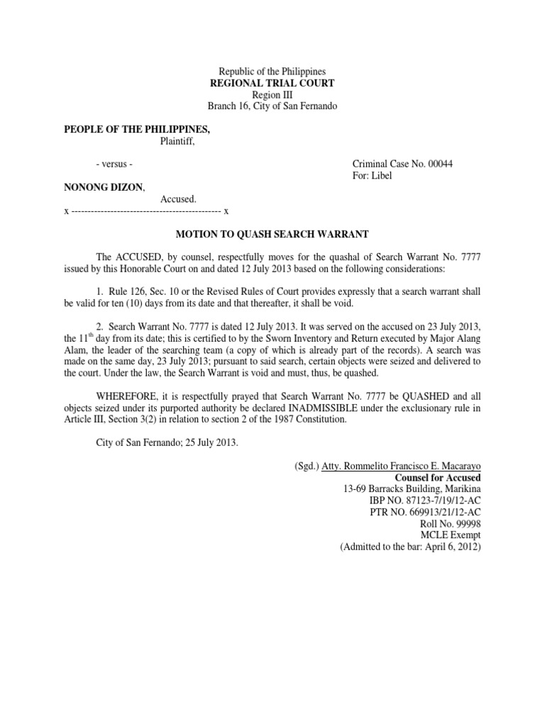 Motion To Quash Search Warrant | PDF | Motion In United States Law ...