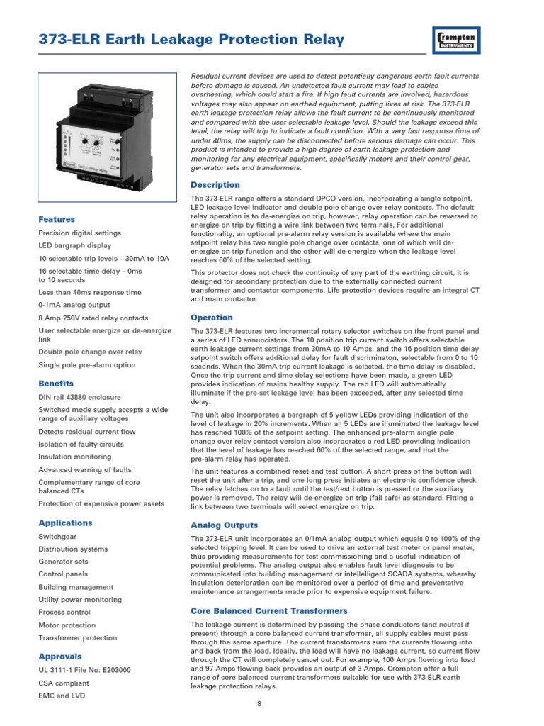 Earth Leakage Relay P-373-ELR | PDF | Relay | Transformer