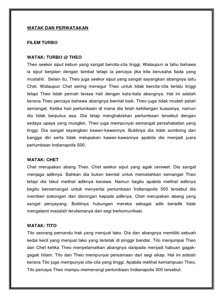 Watak Dan Perwatakan Filem Turbo | PDF