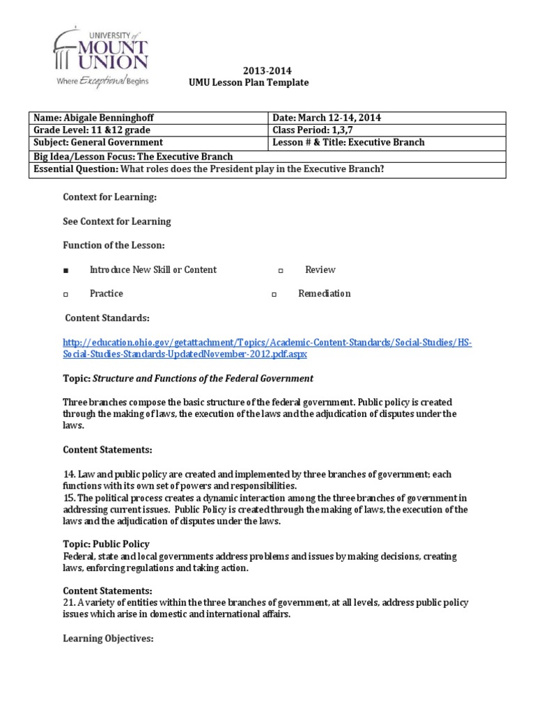 Executive Branch Lesson Plan | PDF | Educational Assessment | Lesson Plan