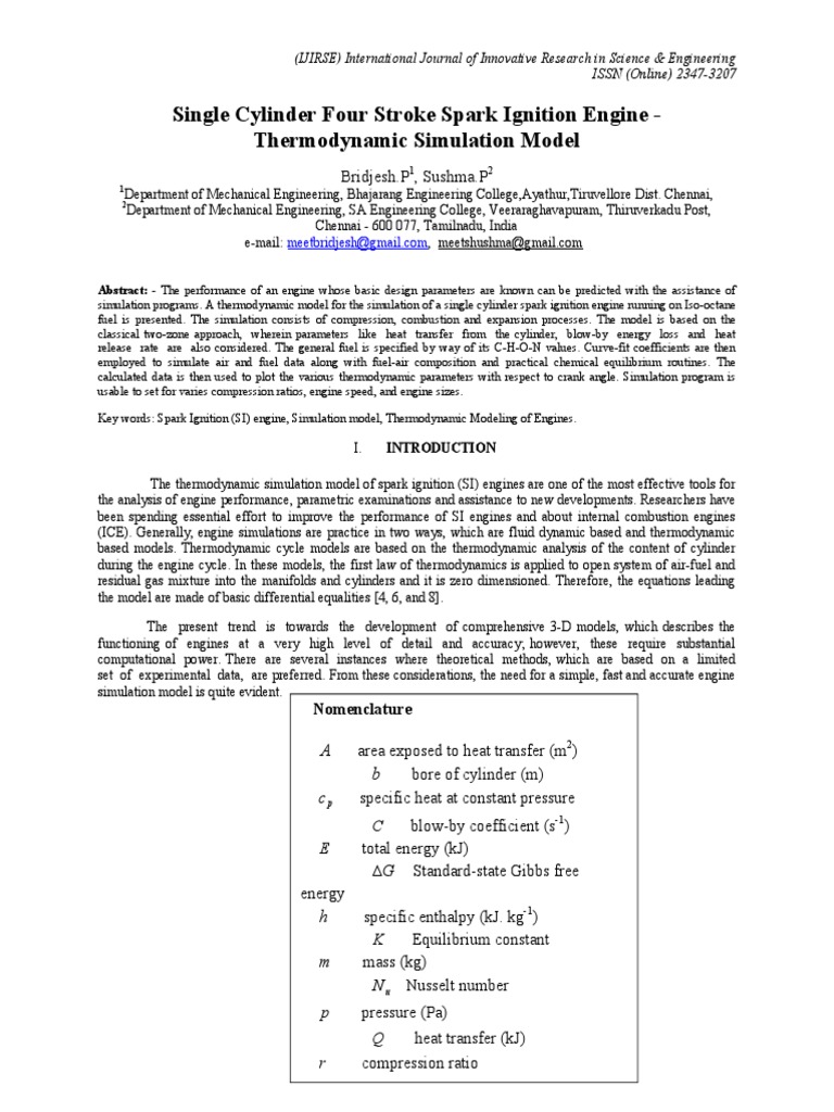 Single Cylinder Four Stroke Spark Ignition Engine - Thermodynamic Simulation Model | PDF ...