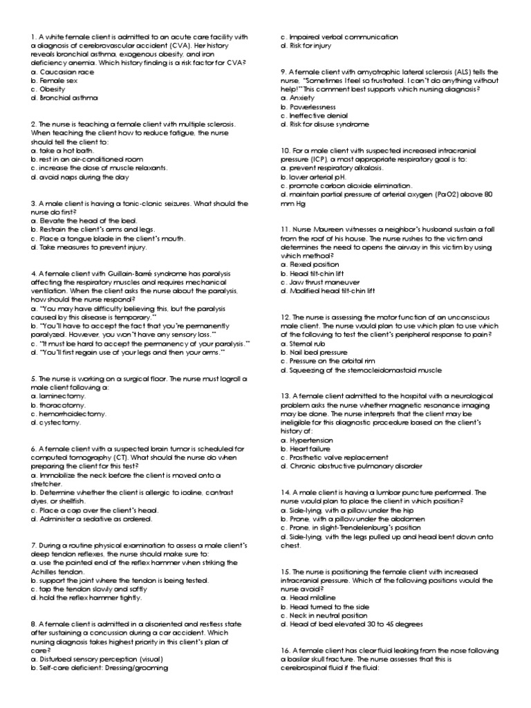 Neuro Nursing Practice Questions | PDF | Vertigo | Stroke