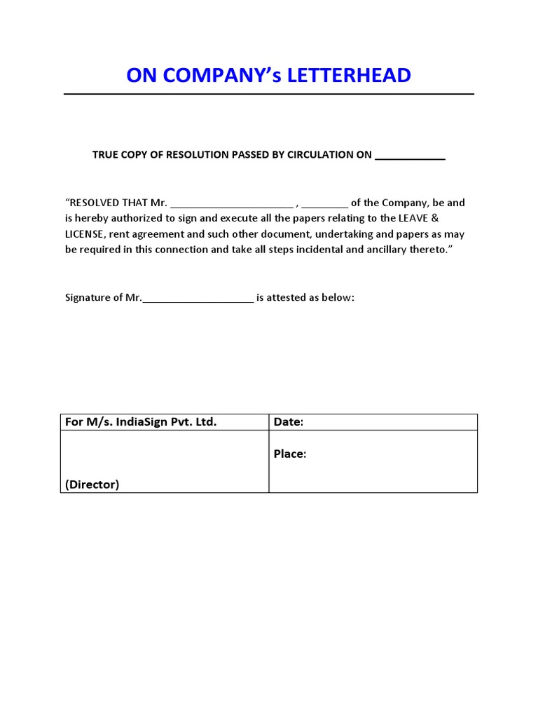On Company'S Letterhead: True Copy of Resolution Passed by Circulation ...