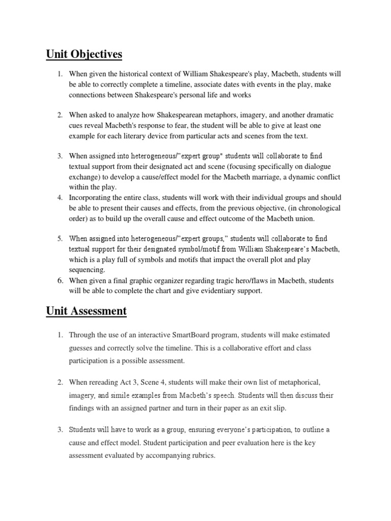 Macbeth Unit: Objectives & Assessment | PDF | Macbeth | Educational ...