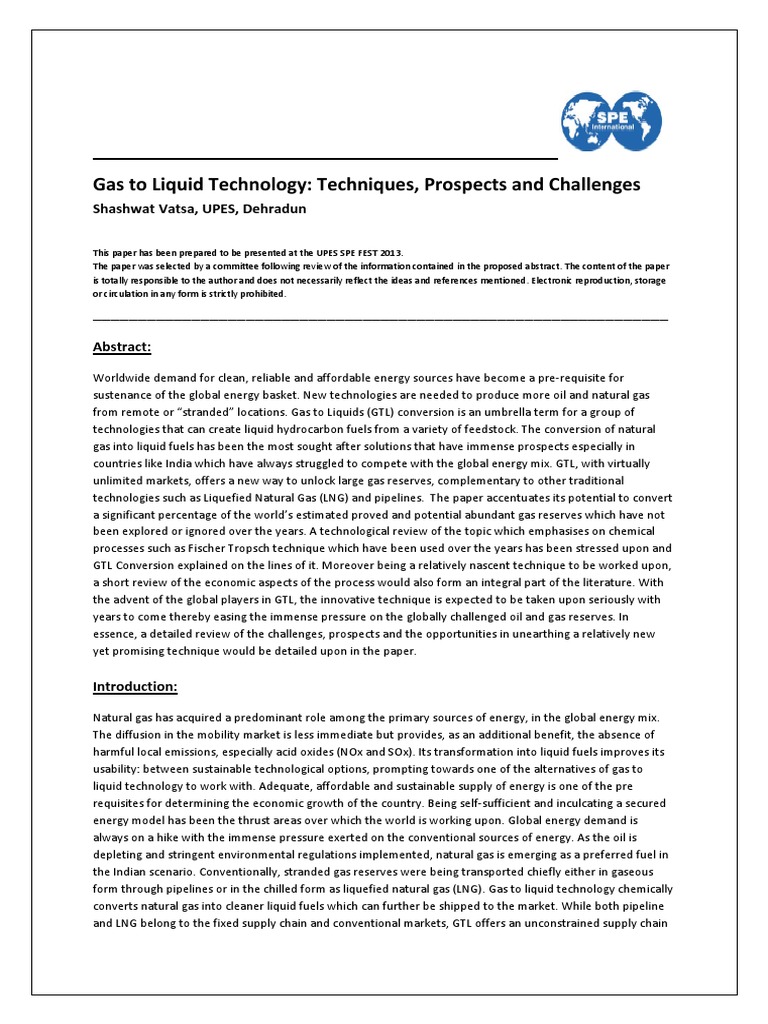 Gas To Liquid Technology: Techniques, Prospects and Challenges | PDF | Gas To Liquids | Natural Gas