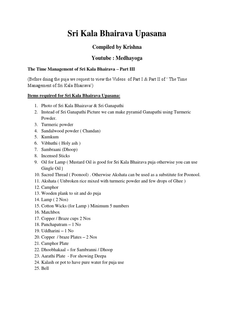 Sri Kala Bhairava Upasana - Pooja Items | PDF