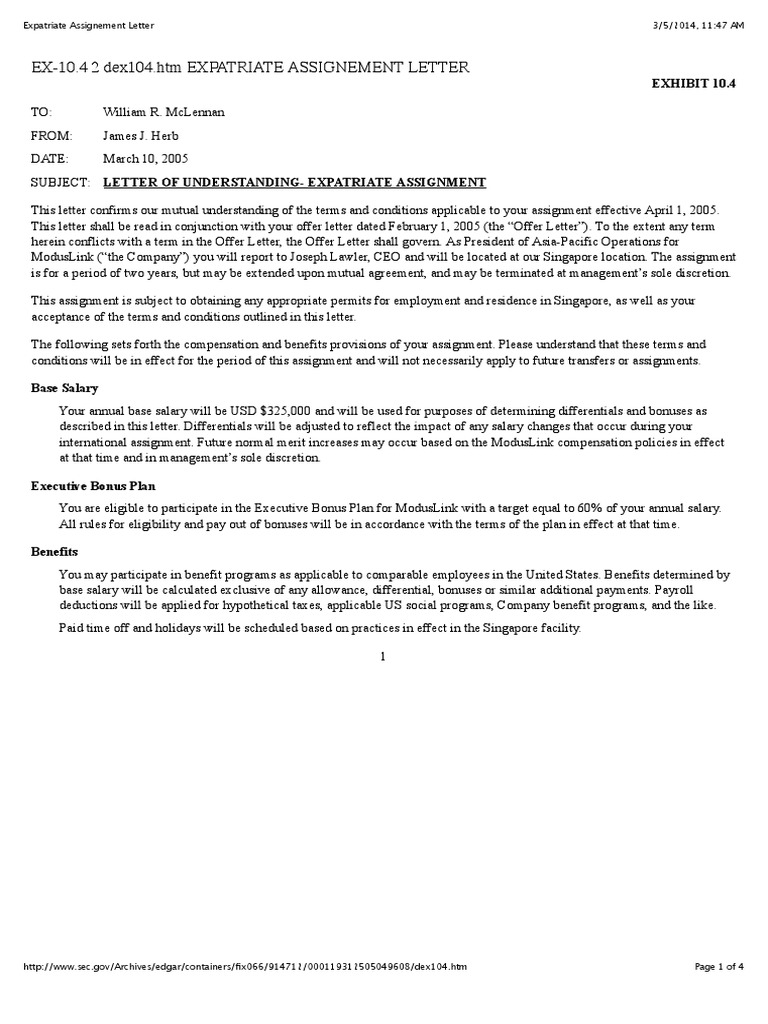 Expatriate Assignement Letter | PDF | Tax Deduction | Employee Benefits