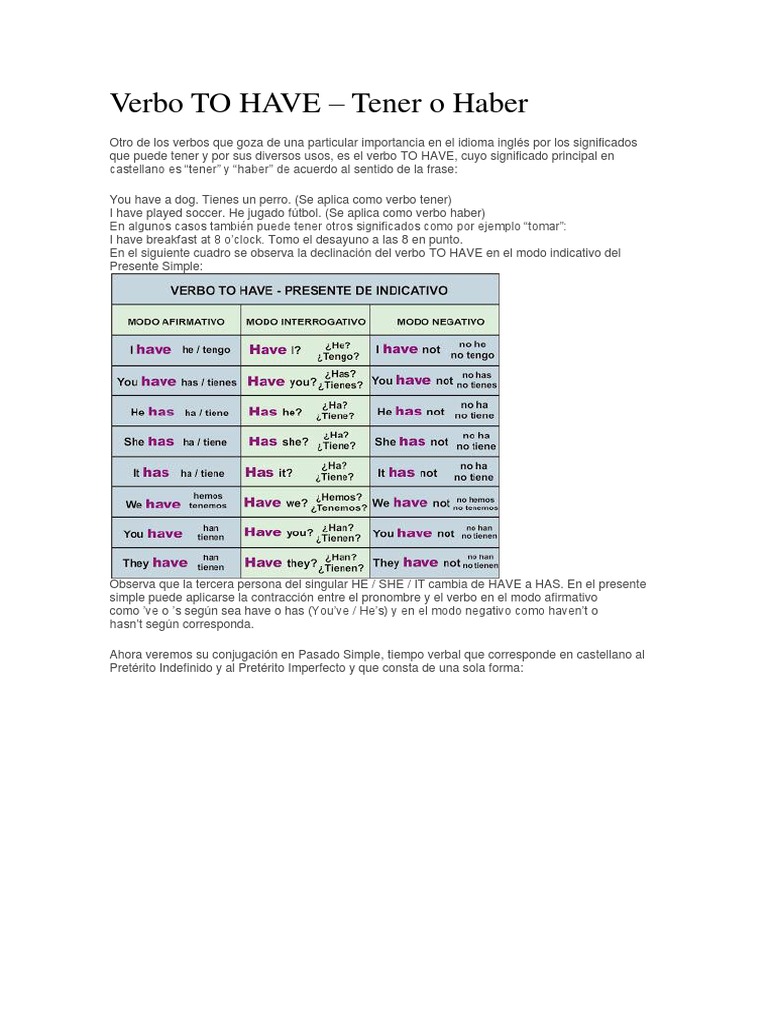 Conjugación y Uso del Verbo "To Have" | PDF | Artes del Lenguaje y ...