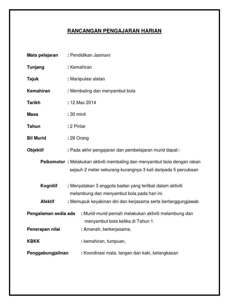 RPH PJ Tahun 2 Membaling Dan Menyambut Bola | PDF