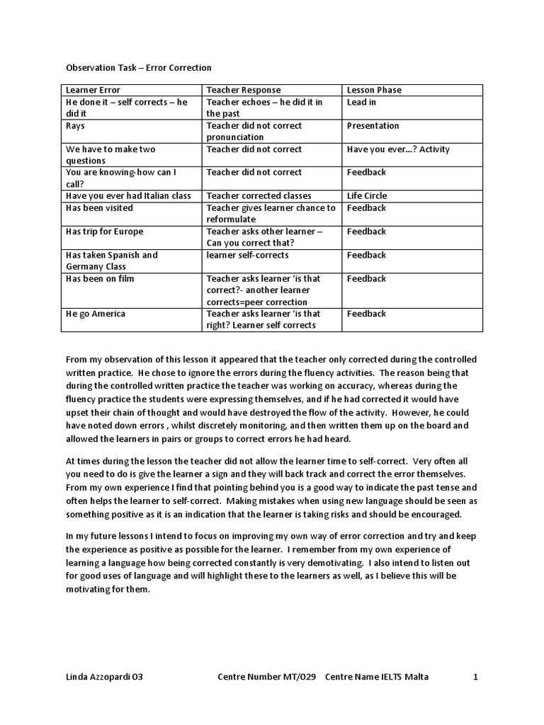 Observation Task Error Correction | PDF | Error | Feedback