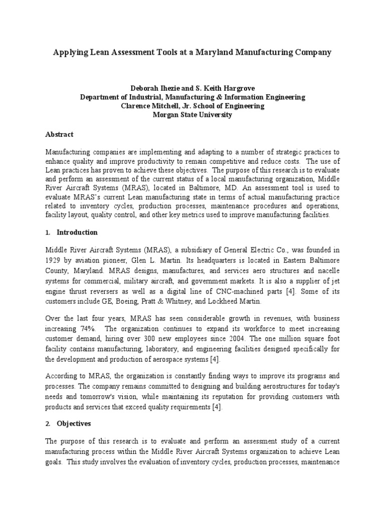 Applying Lean Assessment Tools at A Maryland Manufacturing Company ...