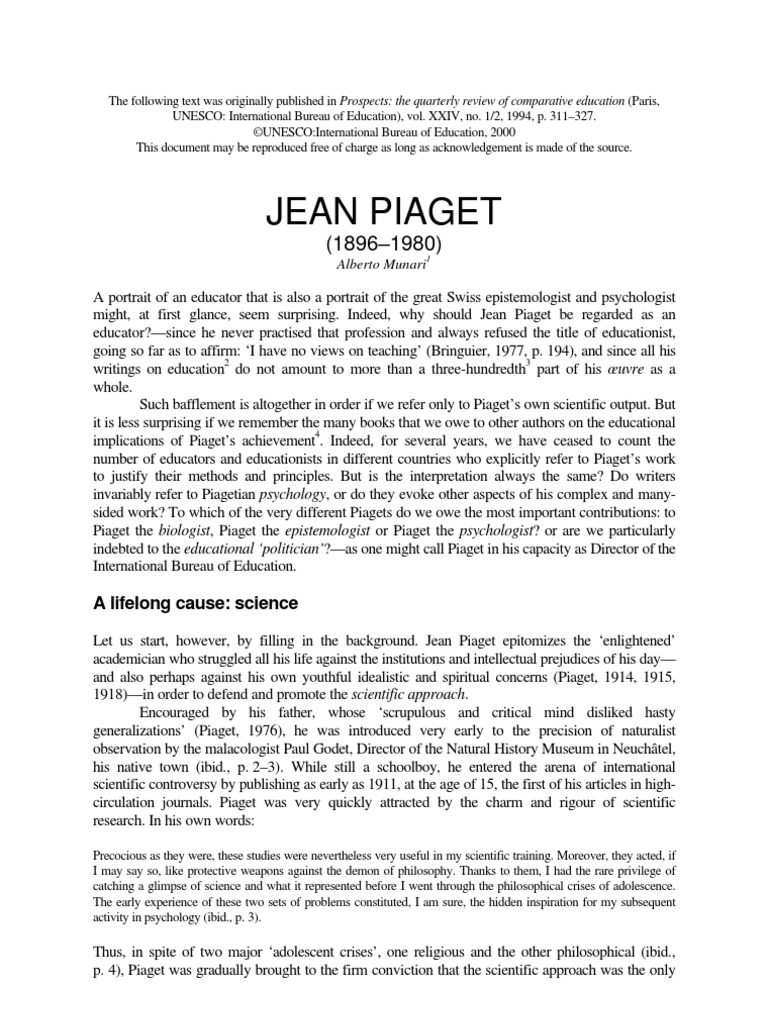 Jean Piaget: A Portrait of A Great Swiss Epistemologist and ...