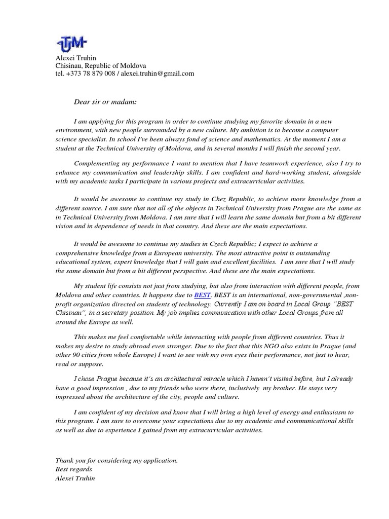 Erasmus Motivation Letter Example | PDF | Institute Of Technology ...