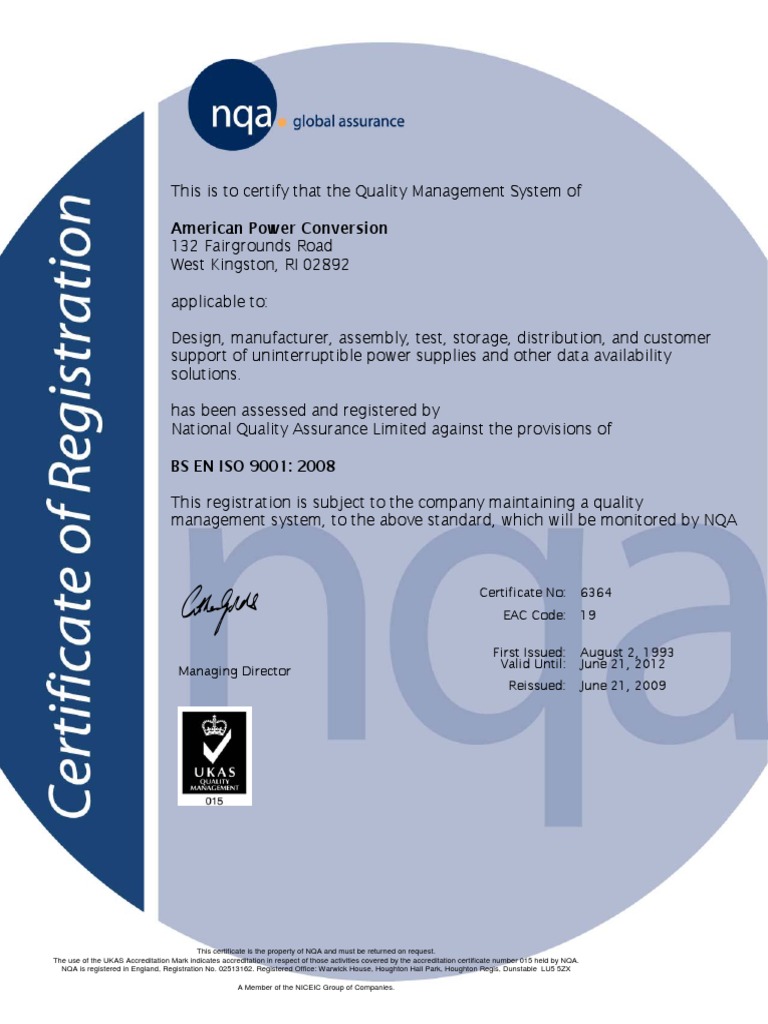 CERTIFICADO UPS APC ISO 9001-2000.pdf | Iso 9000 | Verification And Validation