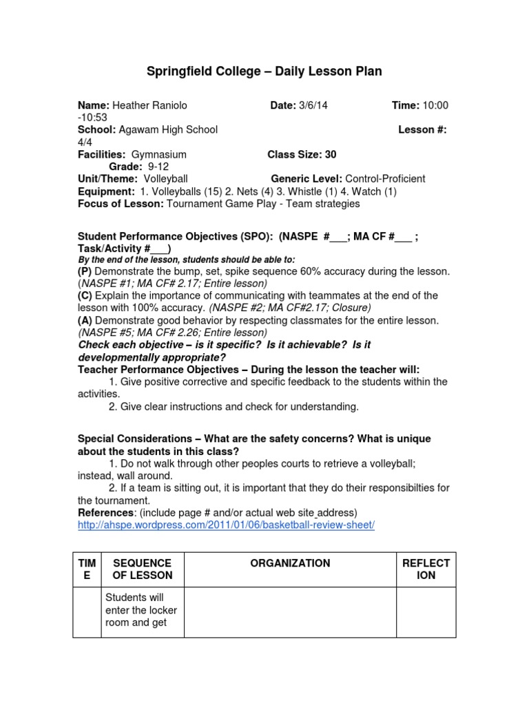 Lesson Plan 4 | PDF | Volleyball | Lesson Plan