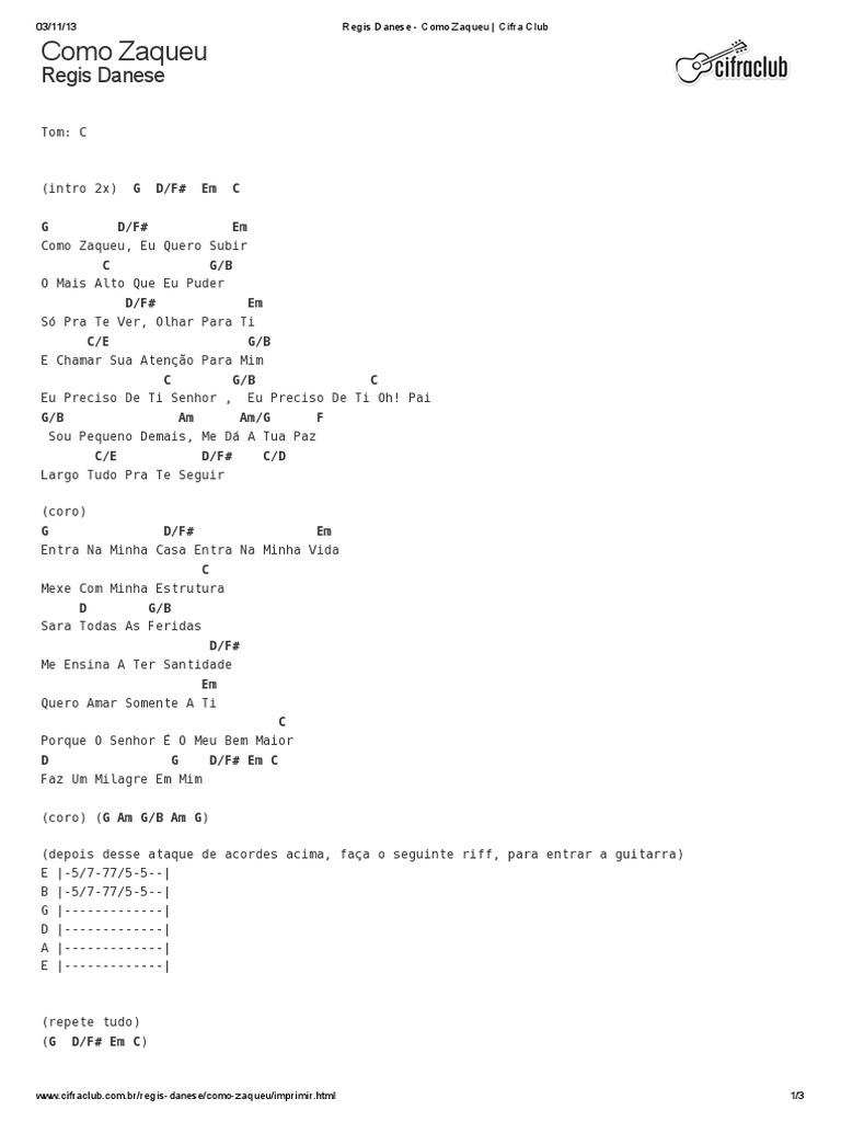 Cifra "Como Zaqueu" - Regis Danese | PDF