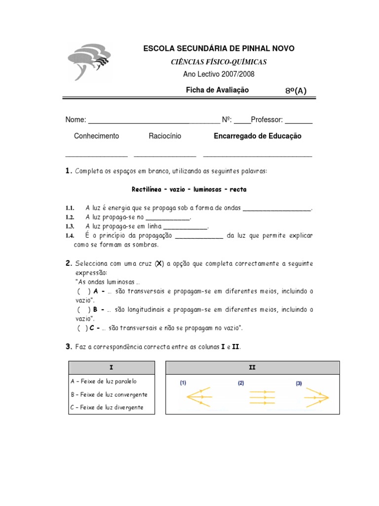Ficha de Avaliação: Ciências Físico-Químicas | PDF | Métodos e ...