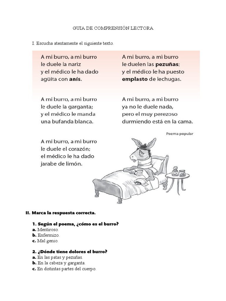 Guia de Comprensión Lectora - A Mi Burro Le Duele... | PDF