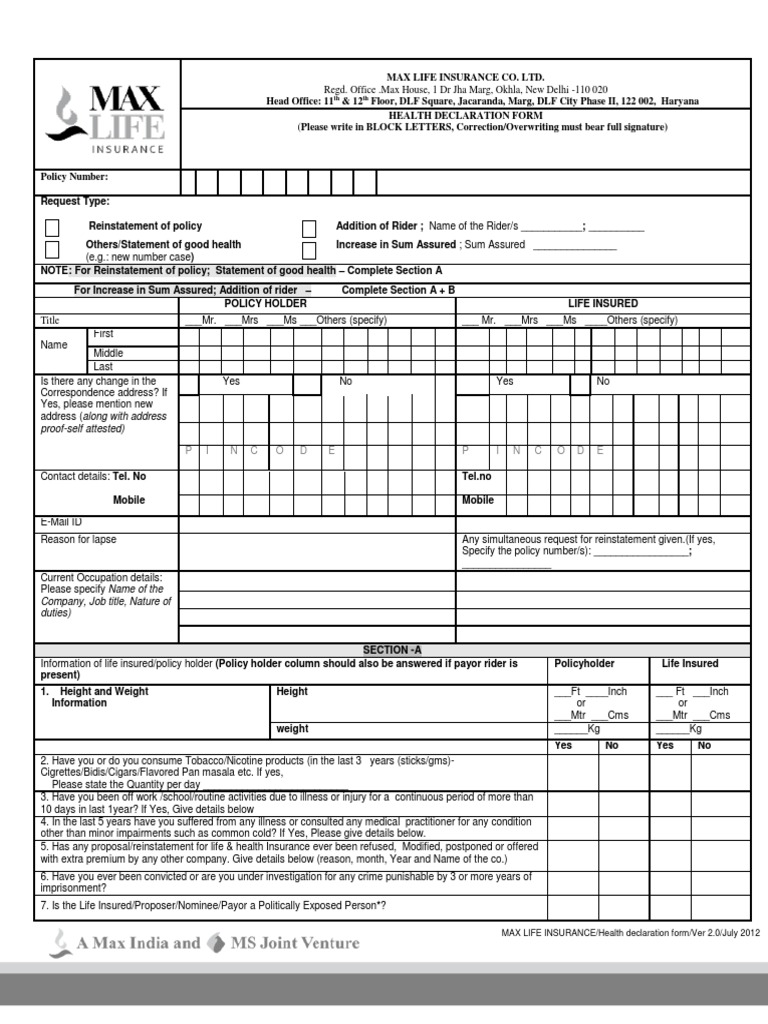 Health Declaration Form | PDF | Insurance | Cancer