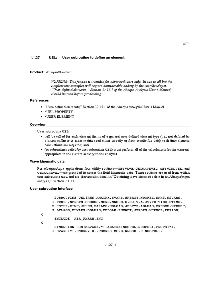Abaqus User Subroutines Reference Manual - UEL | PDF | Matrix ...