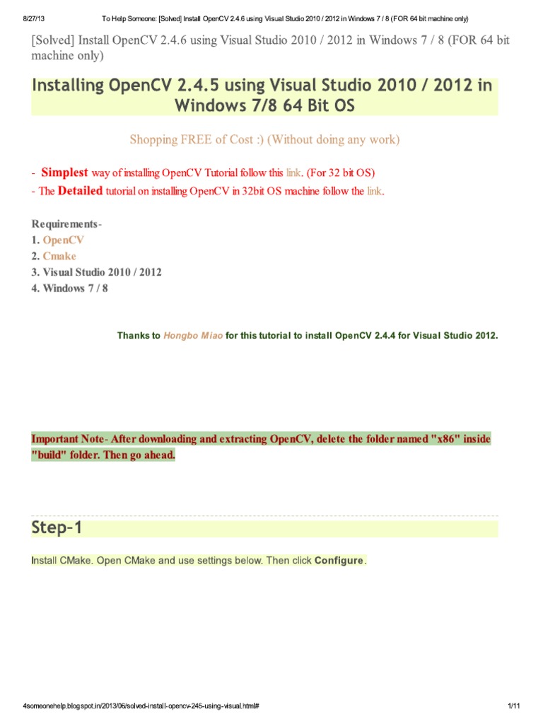 Install OpenCV 2.4.6 Using Visual Studio 2010 2012 in Windows 7 | PDF