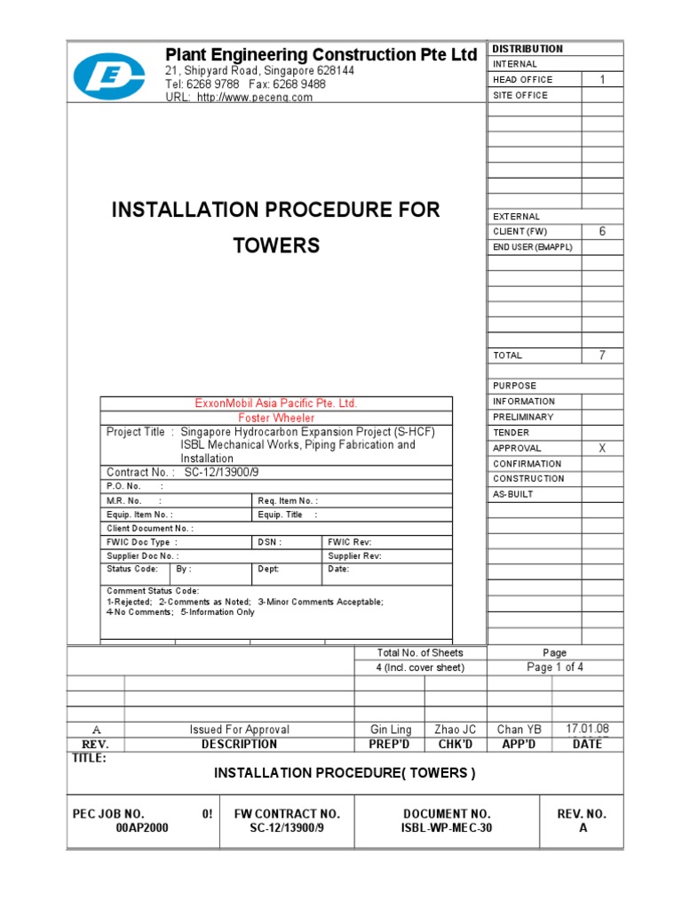 Installation Procedure for Towers at ExxonMobil Asia Pacific Pte. Ltd ...