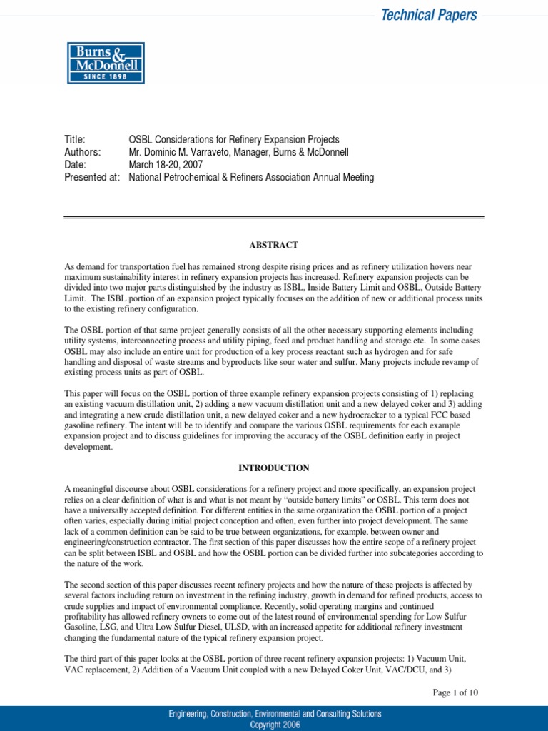 OSBl Considerations For Refinery Expansion Projects | PDF | Business