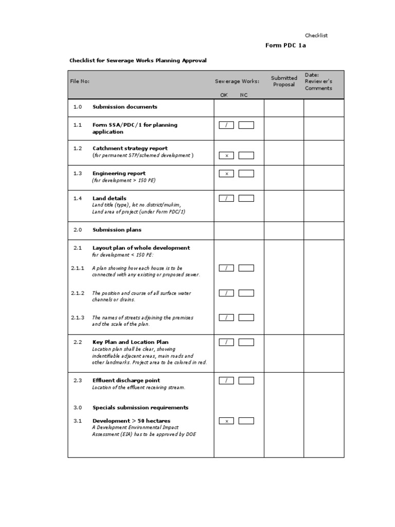 PDC 1 Checklist | PDF | Sanitary Sewer | Environmental Impact Assessment