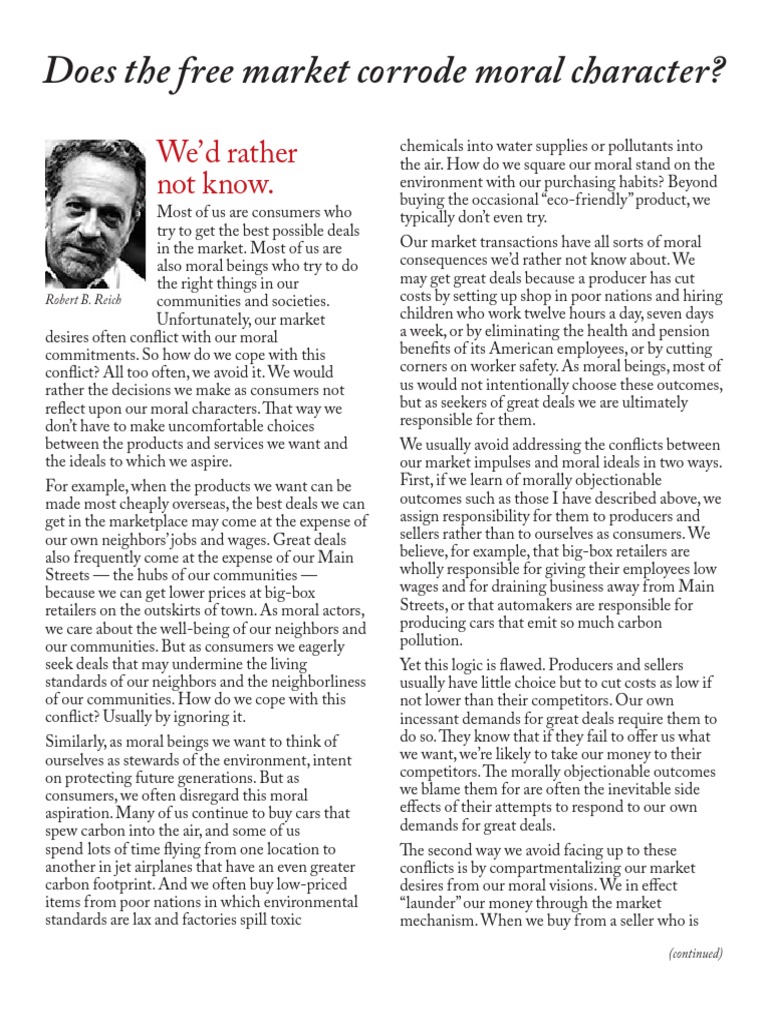 Does The Free Market Corrode Moral Character?: We'd Rather Not Know ...