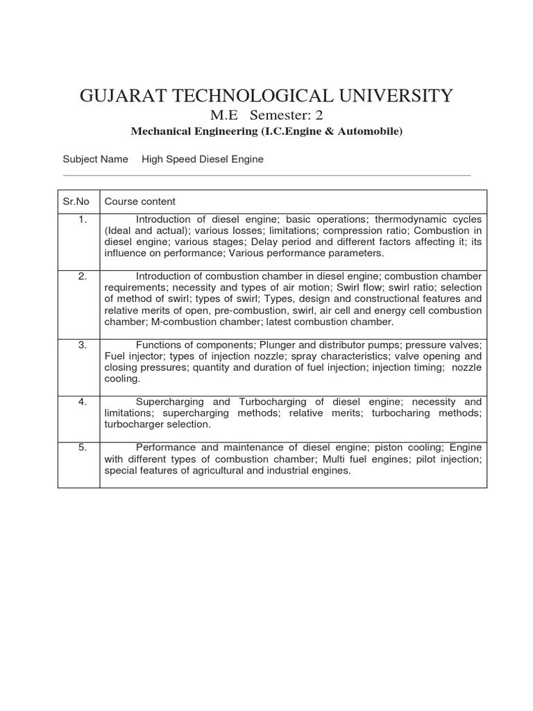 High Speed Diesel Engine Course Outline | PDF | Technology & Engineering