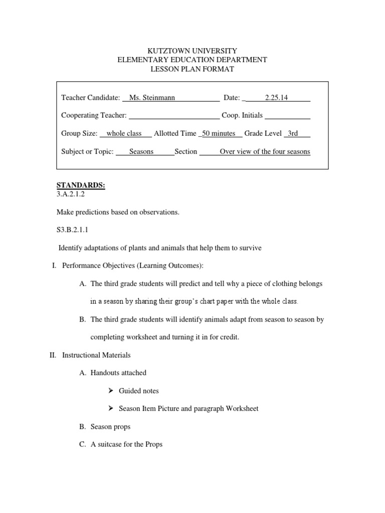Lesson Plan Seasons First Lesson | PDF | Lesson Plan | Educational ...