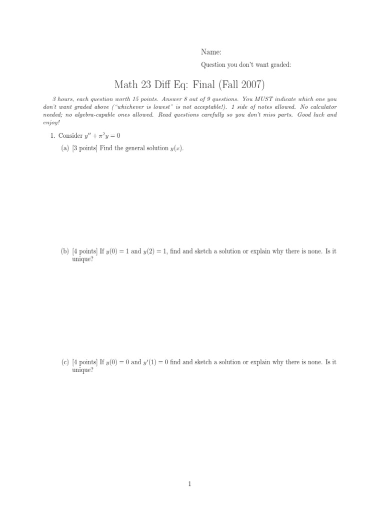 Math 23 Diff Eq: Final (Fall 2007) : Name | Download Free PDF ...
