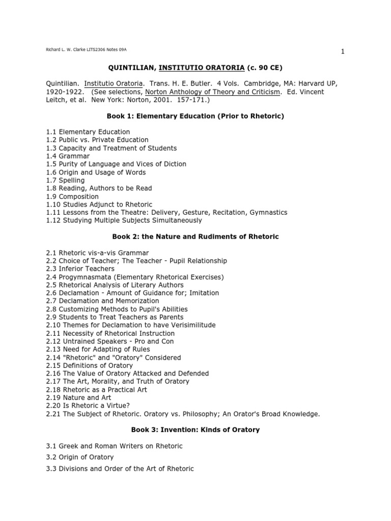 Quintilian, Institutio Oratoria | PDF | Rhetoric | Public Speaking