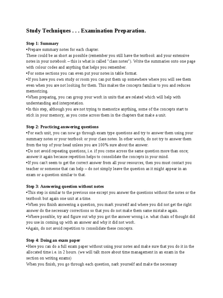 Study Techniques - . - Examination Preparation.: Step 1: Summary | PDF | Learning | Cognition