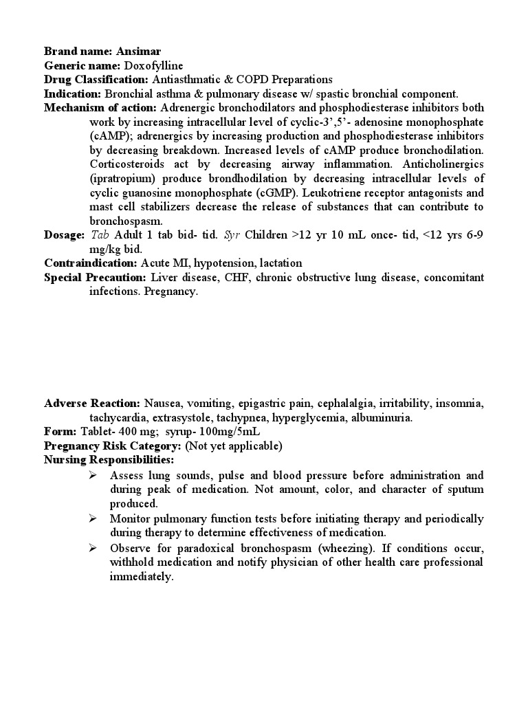 Brand Name: Ansimar Generic Name: Doxofylline Drug Classification ...
