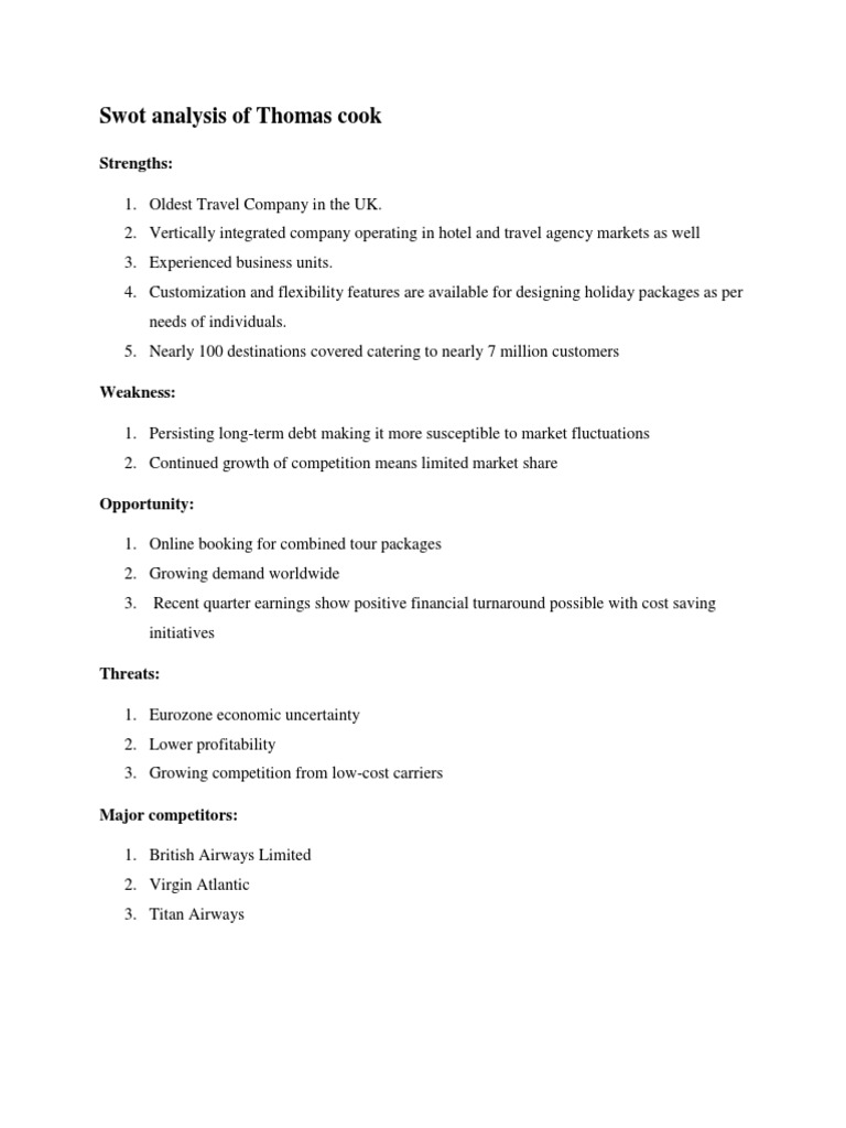 Thomas Cook SWOT Analysis Overview | PDF | Airlines | Travel Agency