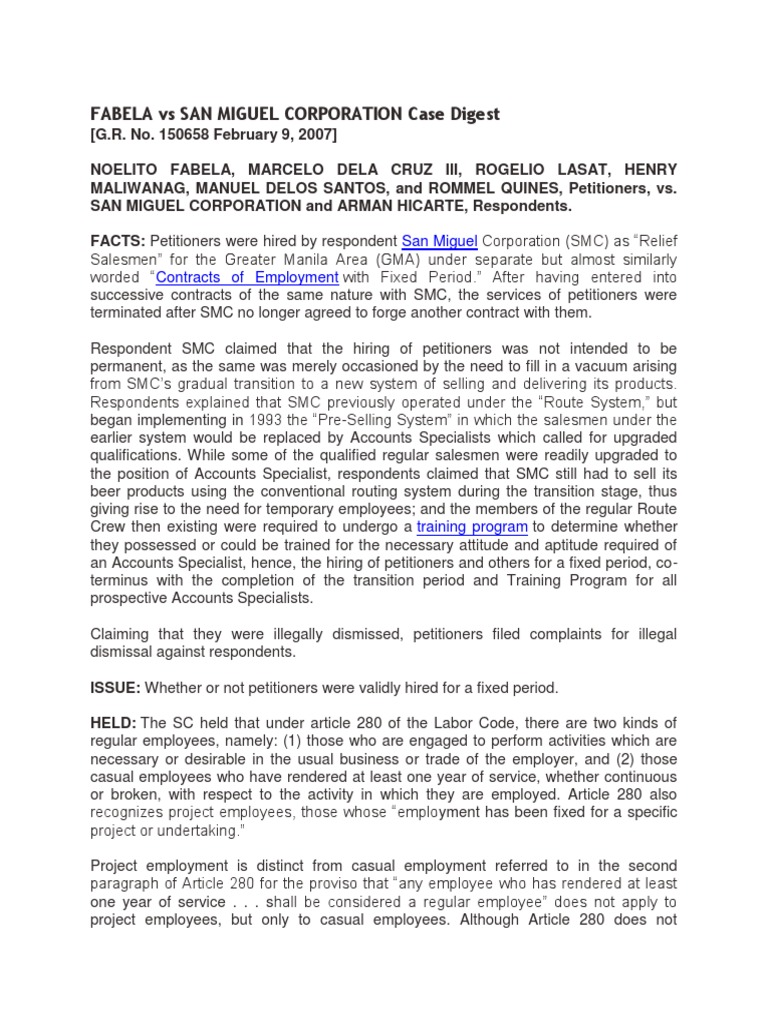 Fabela vs San Miguel Corp Case Summary | PDF | Appeal | Employment