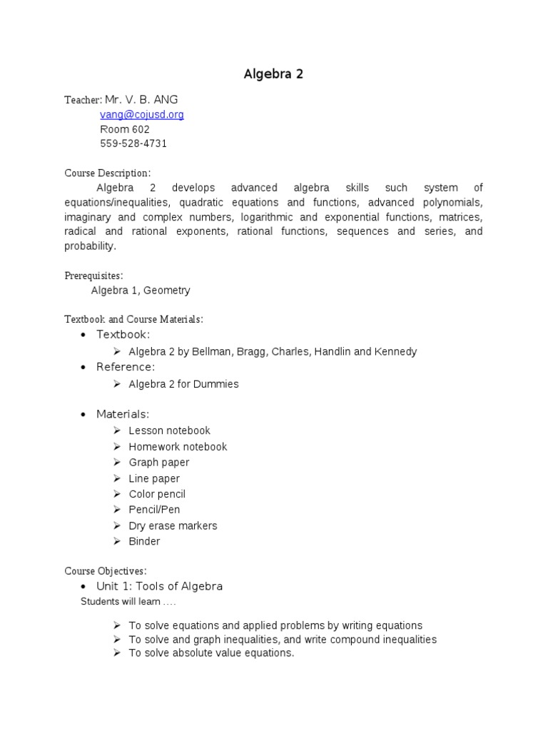 Algebra 2 Syllabus | PDF